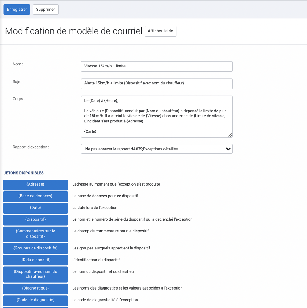 Exceptions : Création d'un modèle personnalisé (courriel ou texte)