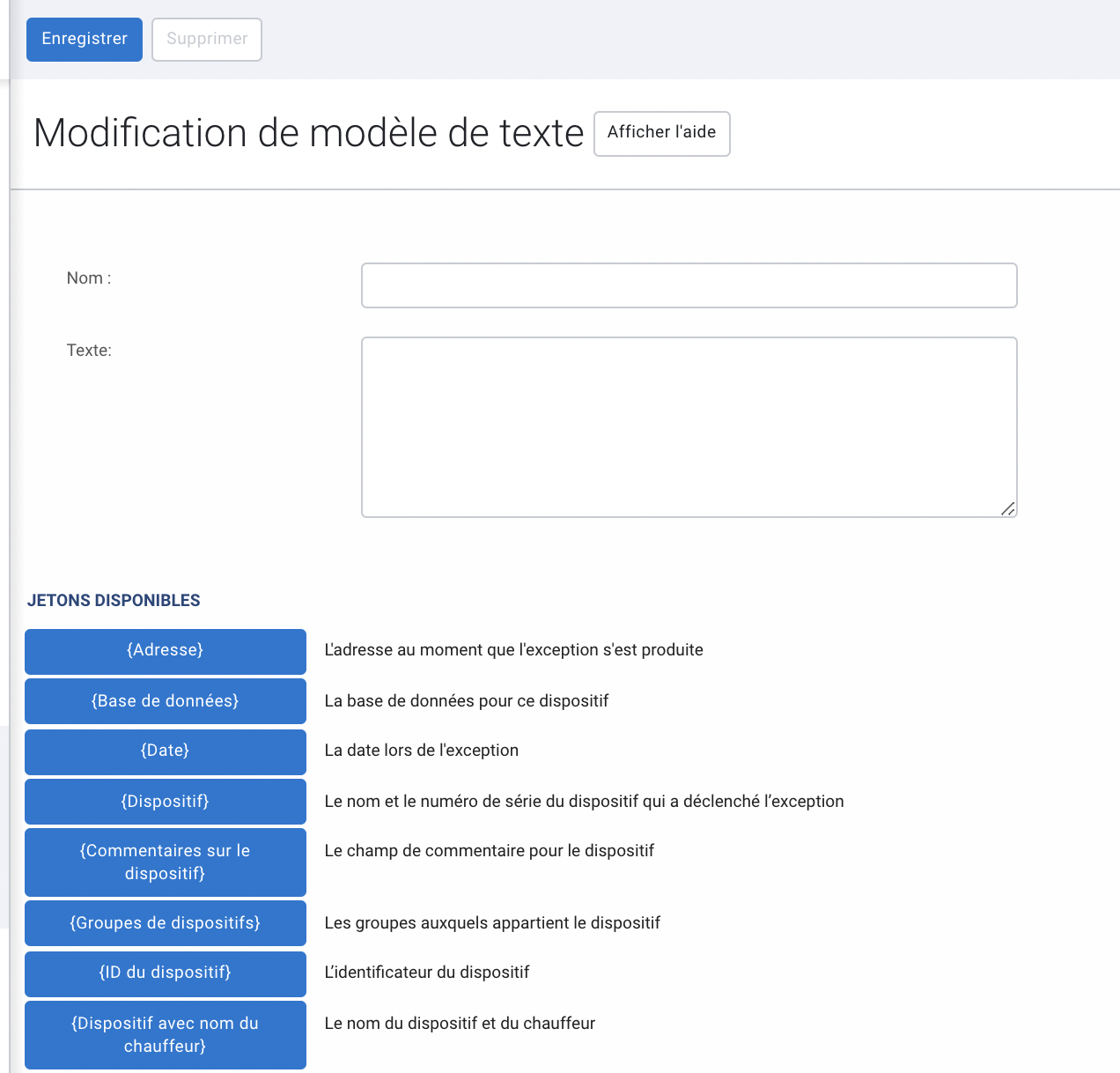 Exceptions : Création d'un modèle personnalisé (courriel ou texte)