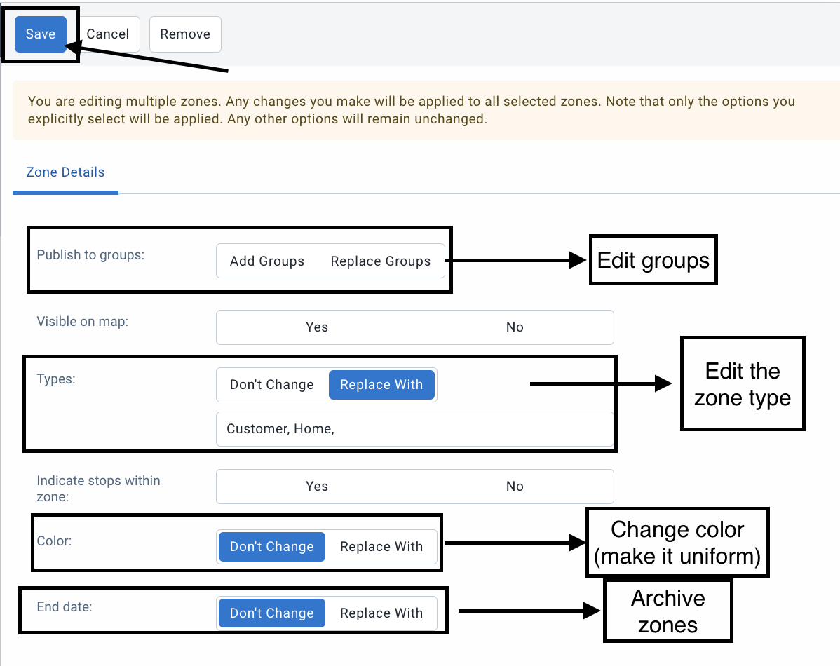 Zones: Editing multiple zones at once.